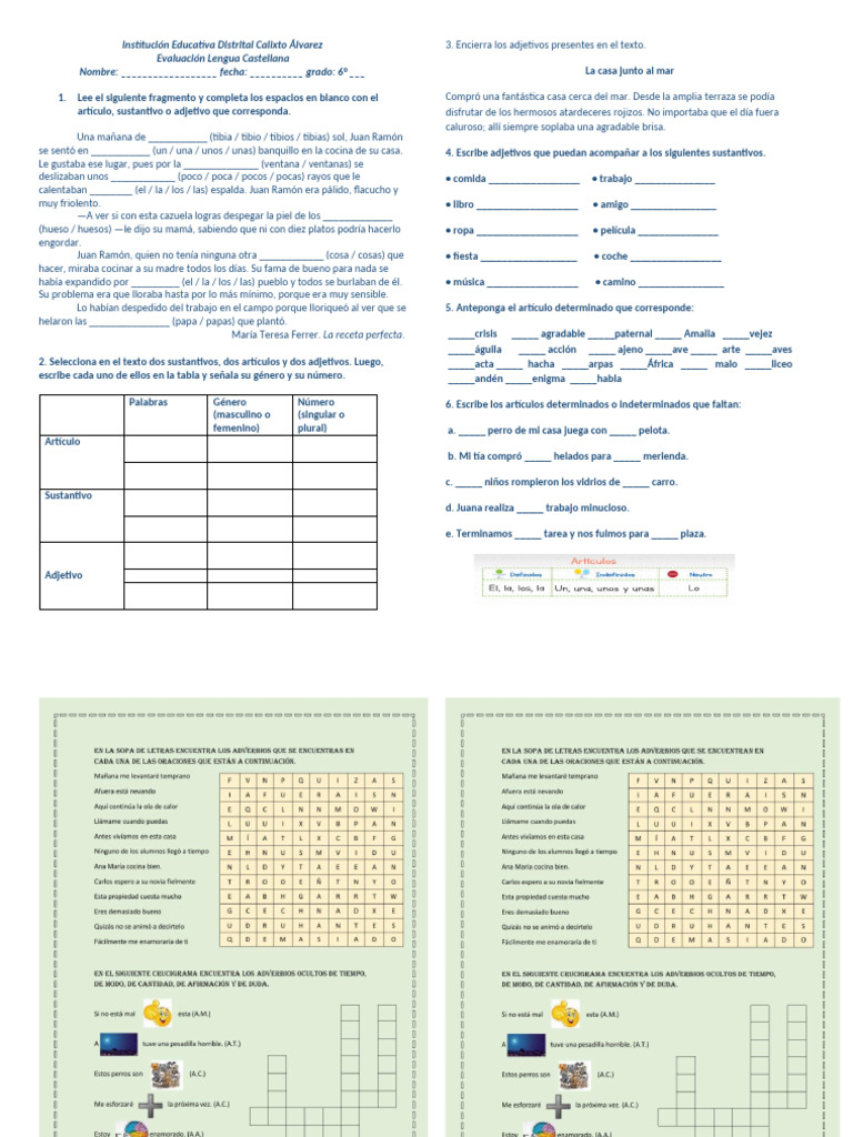 Evaluación de Lengua Castellana 6° | PDF | Adjetivo | Morfología ...