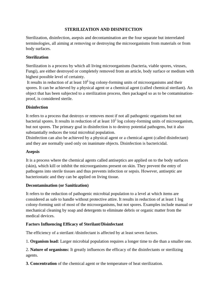 Sterilization and Disinfection Note | PDF | Sterilization (Microbiology) | Disinfectant