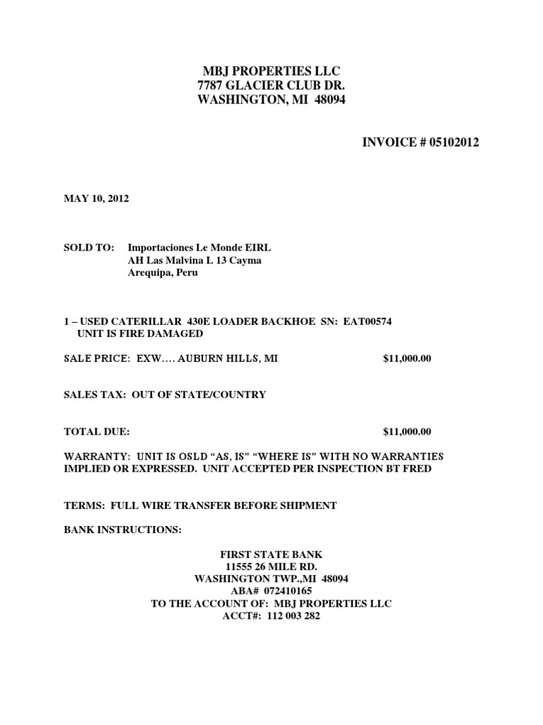 Invoice for Used Caterpillar Loader Sale | PDF | Business