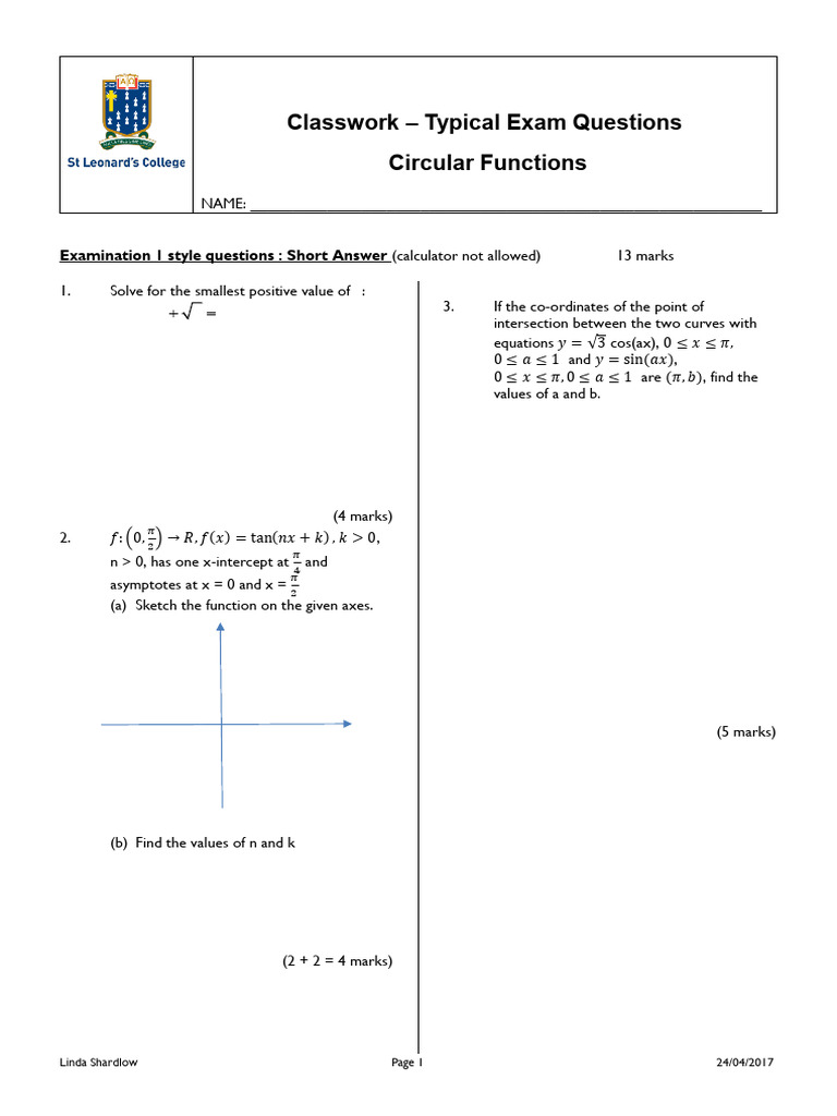 Exam Questions on Circular Functions | PDF | Pi | Trigonometric Functions