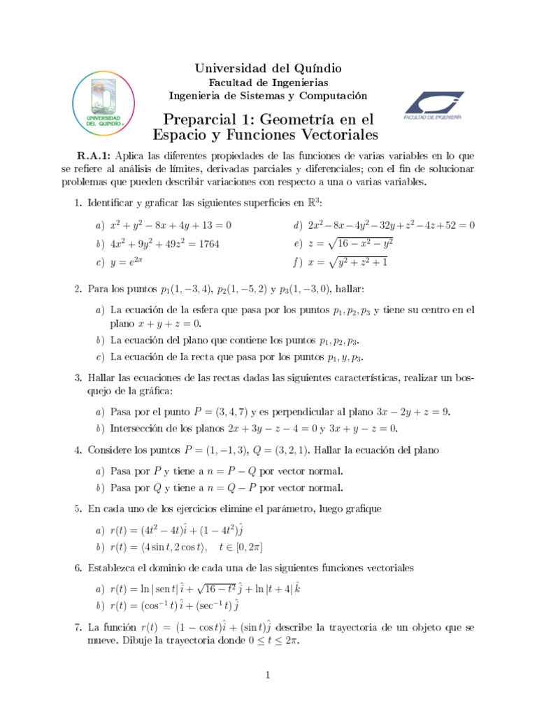 Preparcial Funciones Vectoriales | PDF | Ecuaciones | Álgebra