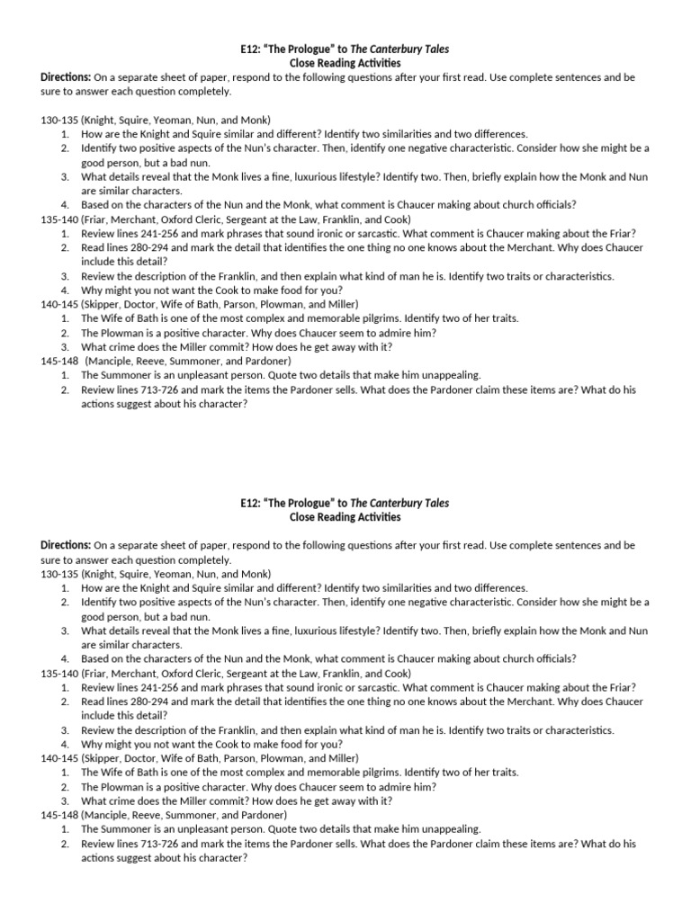 E12RS - Canterbury Close Reading Activities 17 | PDF | The Canterbury ...
