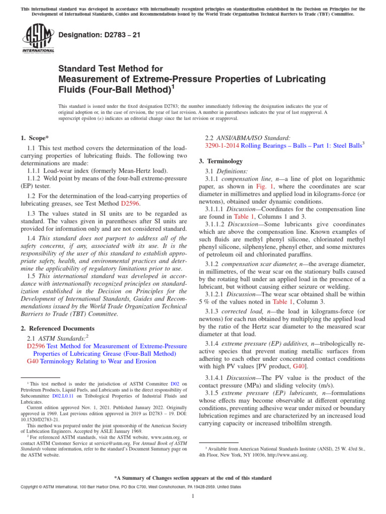 ASTM D2783: Extreme-Pressure Test Method | PDF | Wear | Bearing ...
