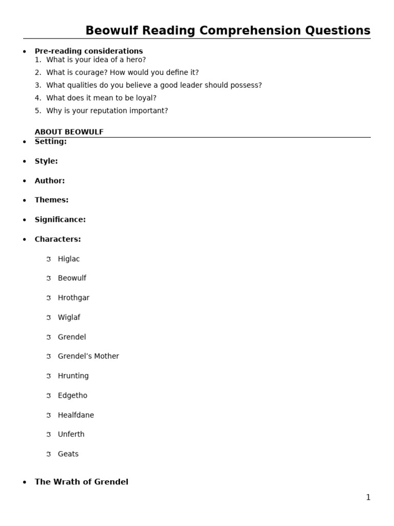 Beowulf Comprehension Questions PDF | PDF | Beowulf | English Folklore
