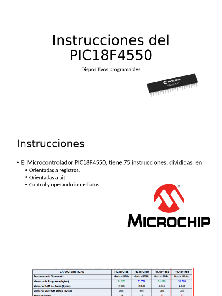 Instrucciones del PIC18F4550 | PDF | Puerta lógica | Tecnología digital