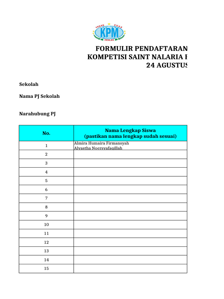 Form Daftar Penyisihan KSNR 7 SMI | PDF