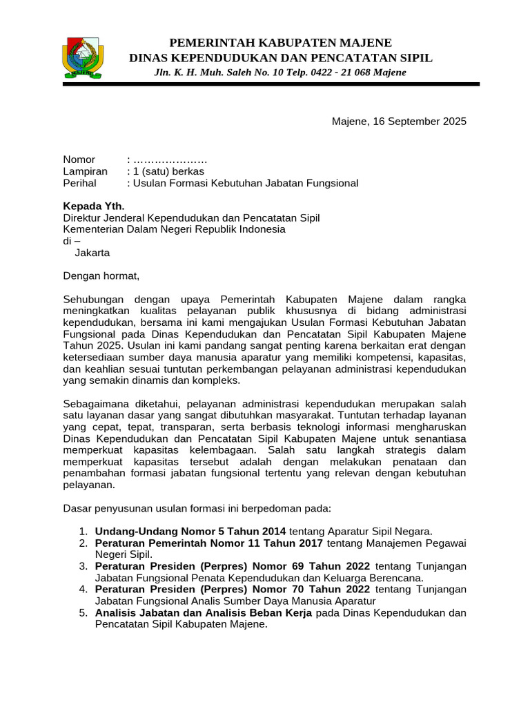Surat Usulan Formasi Kebutuhan Jabatan Fungsional | PDF