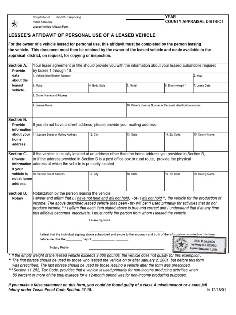Harris County Vehicle Exemption For Personal Use | PDF | Affidavit | Lease