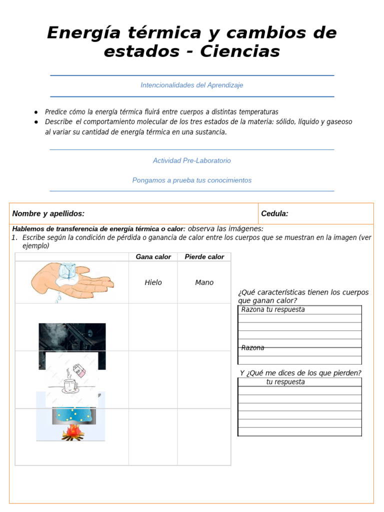 Hoja de Actividades Energia Termica y Cambios de Estados | PDF | Calor ...