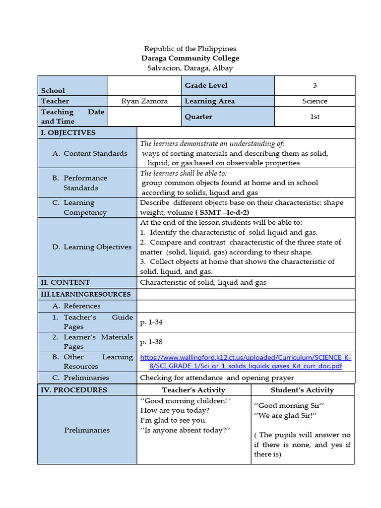 Lesson Plan Matter | PDF | Shape | Gases
