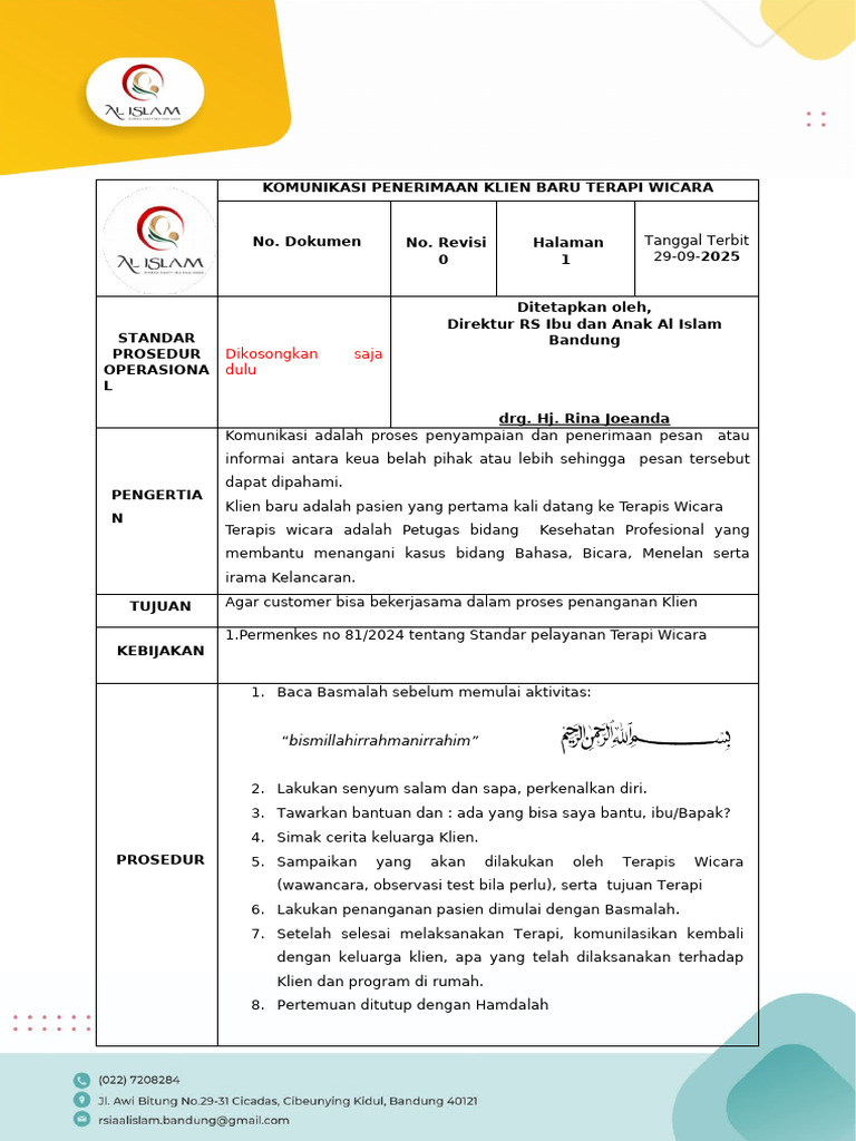 Prosedur Penerimaan Klien Baru Terapi Wicara | PDF
