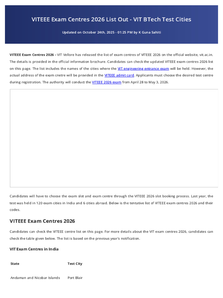 VITEEE 2026 Exam Centres List | PDF | Identity Document | Authentication