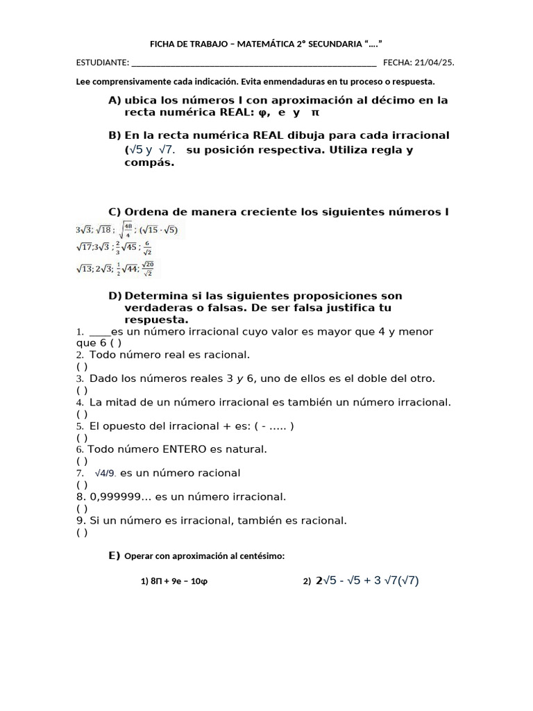 Ejercicios de Números Irracionales en Matemática | PDF