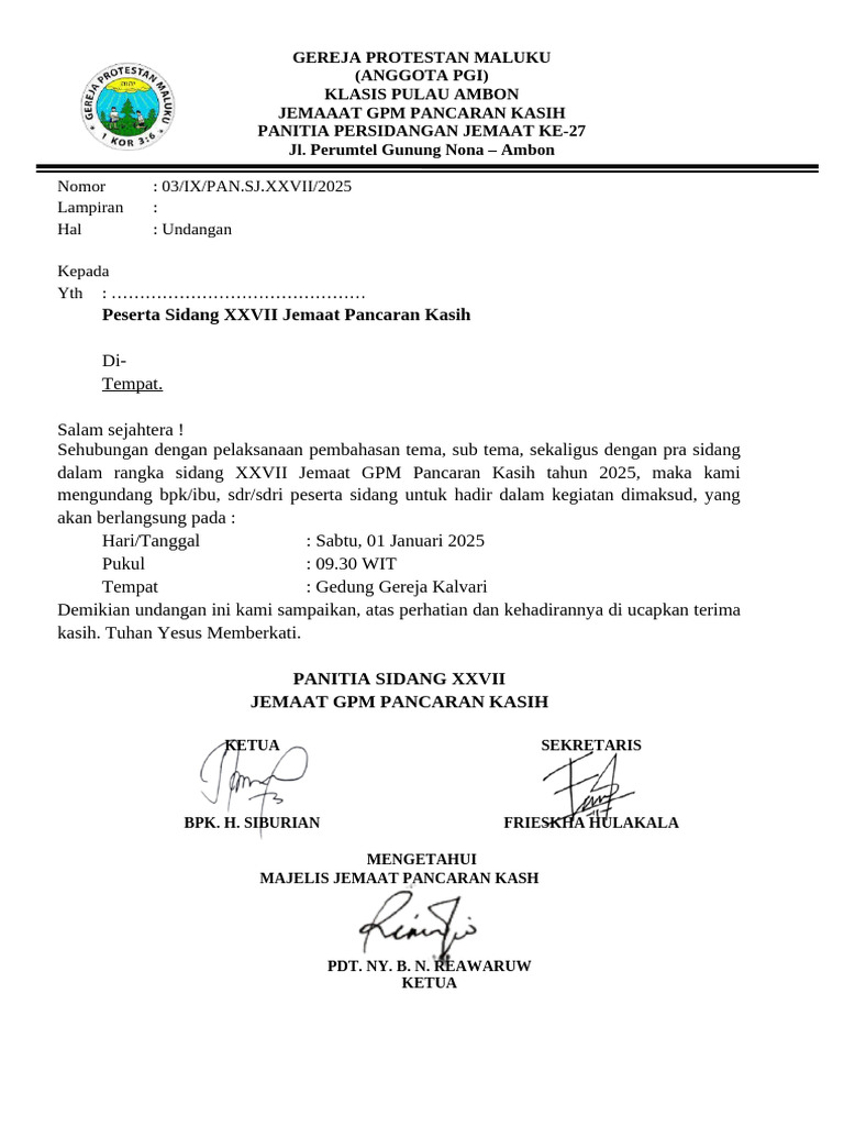 Undangan Sidang XXVII GPM Pancaran Kasih | PDF