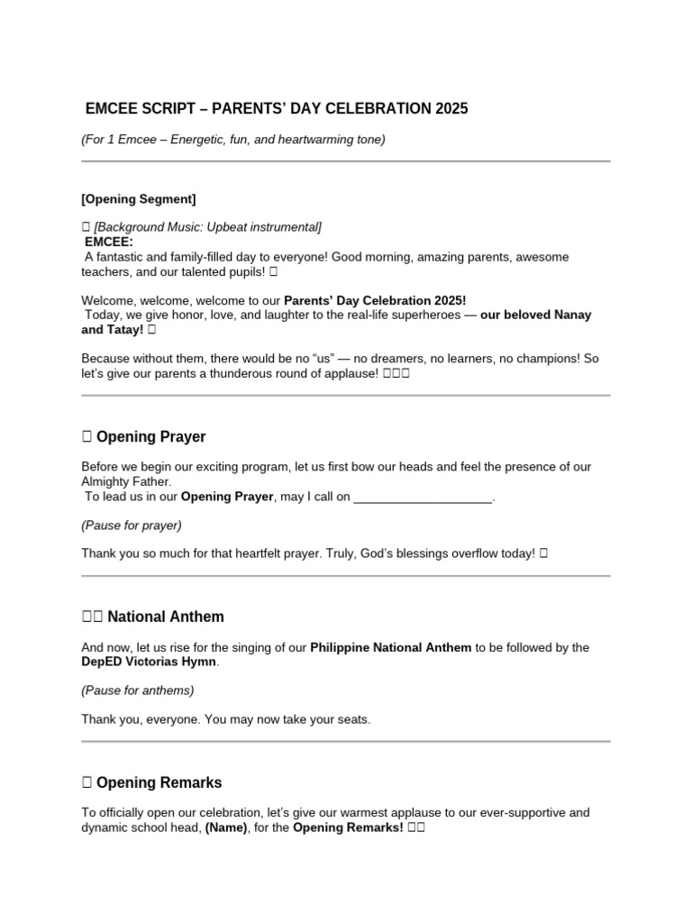 Emcee Script - Parents' Day Celebration 2025 | PDF