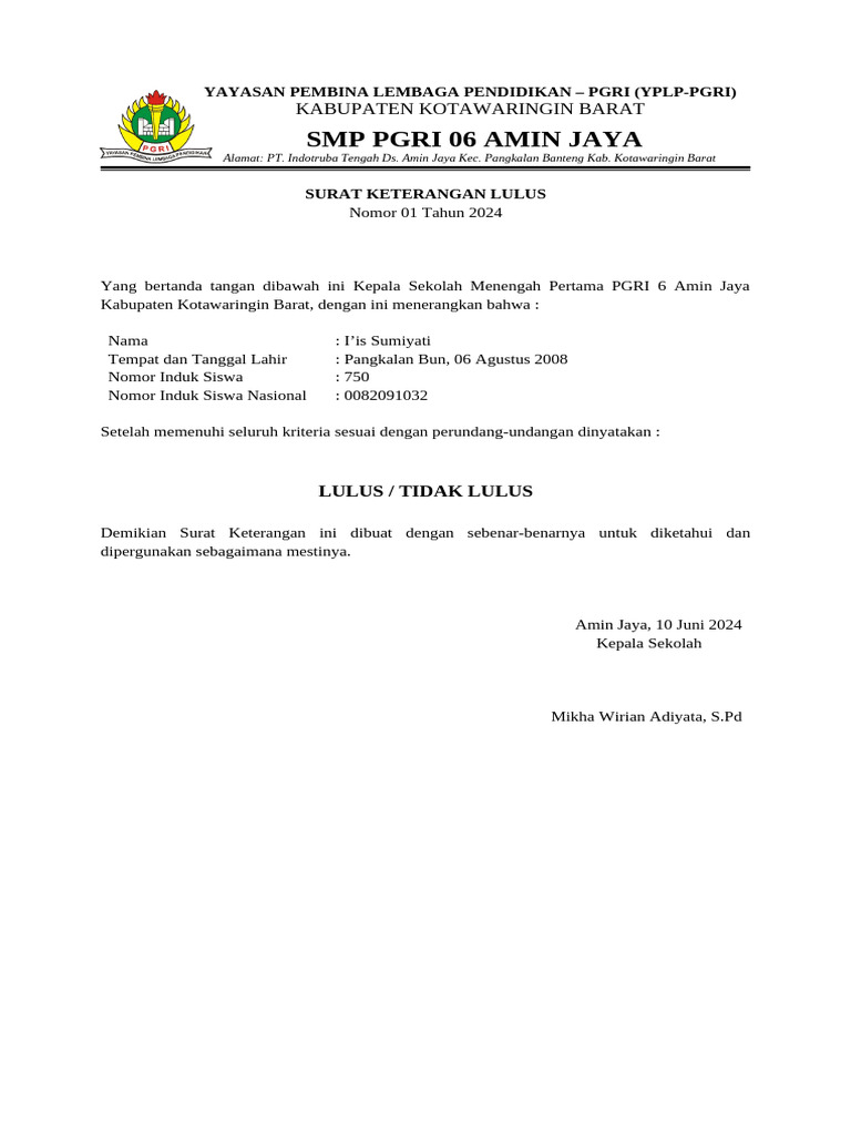 Surat Keterangan Lulus SMP PGRI 06 | PDF