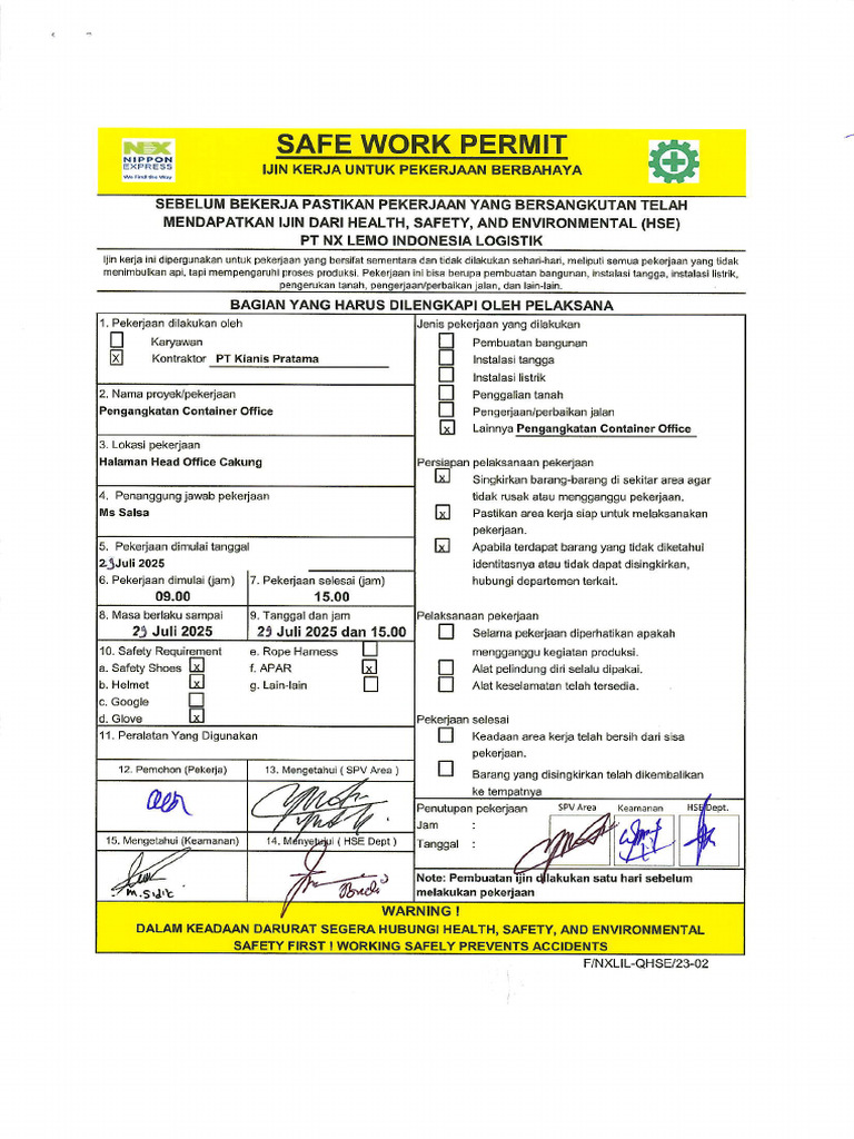 Work Permit Pengangkatan Container 40 FT Cakung To Jababeka - 29 Juli ...