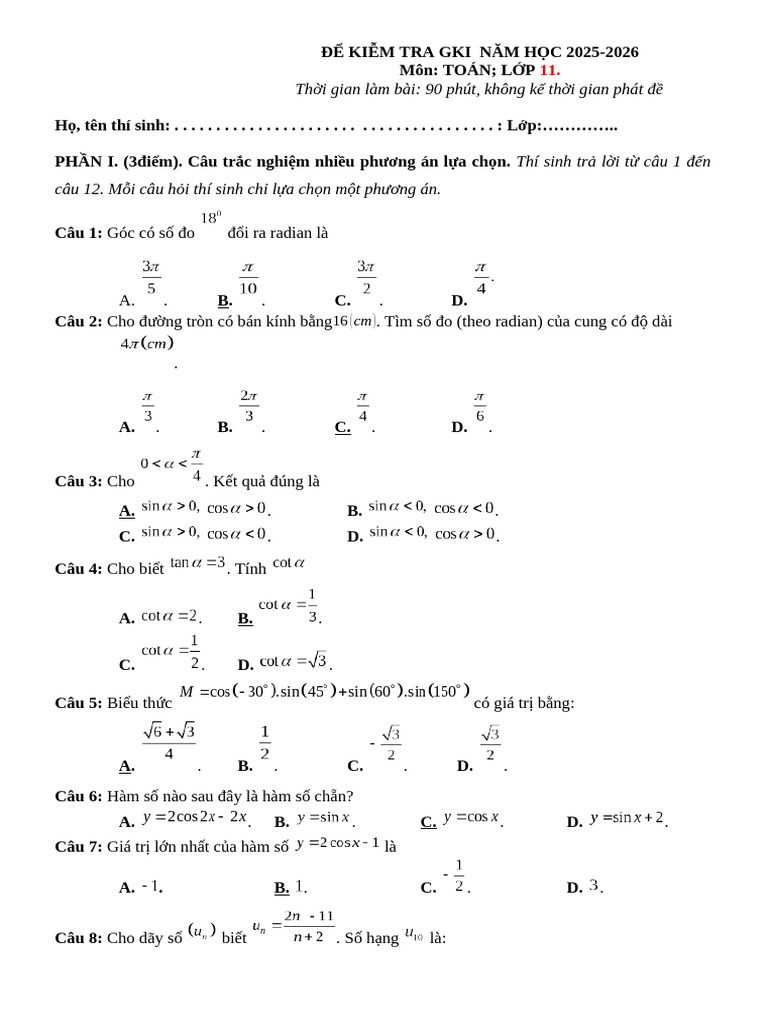 Đăng Đề 02 Gk1 - Toán 11 | PDF