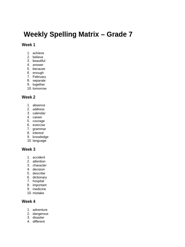 Weekly Spelling Matrix - Grade 7 | PDF