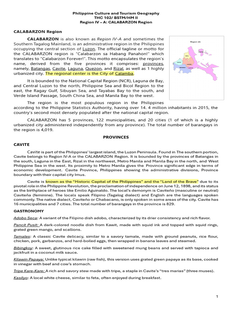 Region - IV A Calabarzon Region 7 Central Visayas Region in The | PDF ...