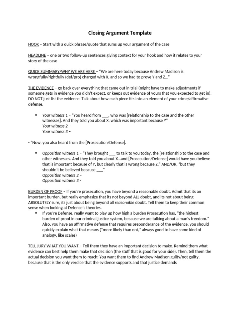 Closing Argument Structure Guide | PDF | Burden Of Proof (Law) | Evidence
