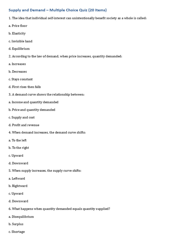Supply and Demand Quiz: 20 Questions | PDF | Economic Equilibrium | Demand