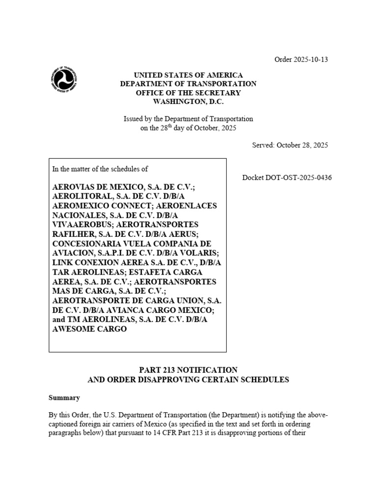 DOT Order Disapproving Schedules 2025-10-13 | PDF | Airlines | Aviation