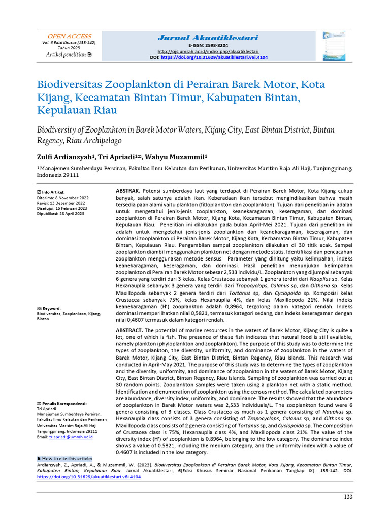 Biodiversitas Zooplankton di Barek Motor | PDF
