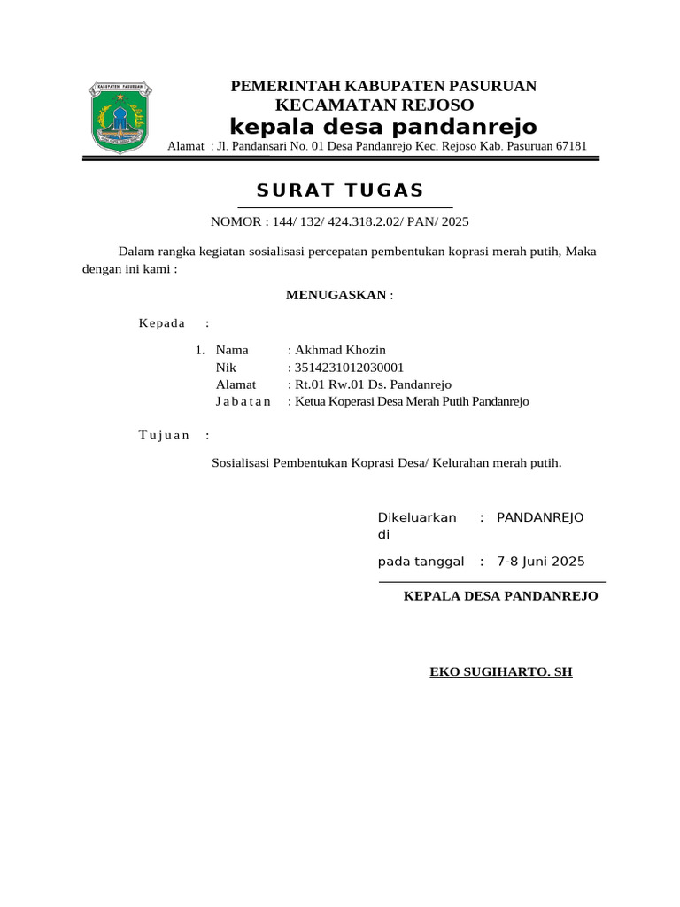 Surat Tugas Koprasi Merah Putih | PDF