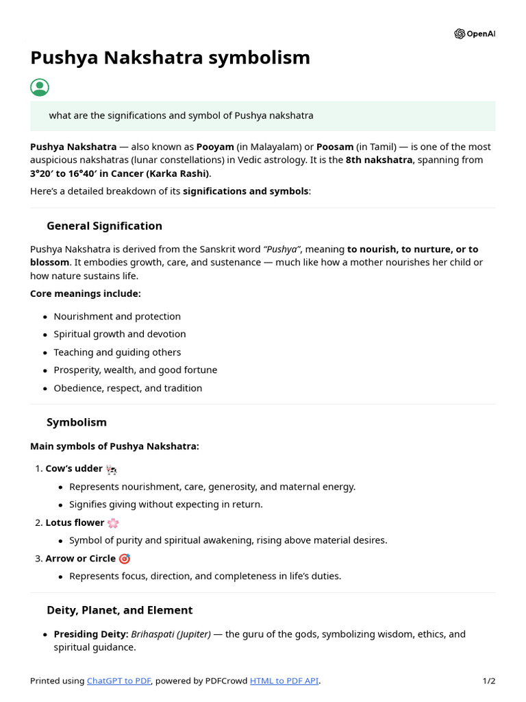 Pushya Nakshatra Symbolism | PDF | Planets In Astrology | Wisdom