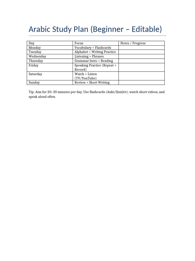 Arabic Study Plan Editable | PDF