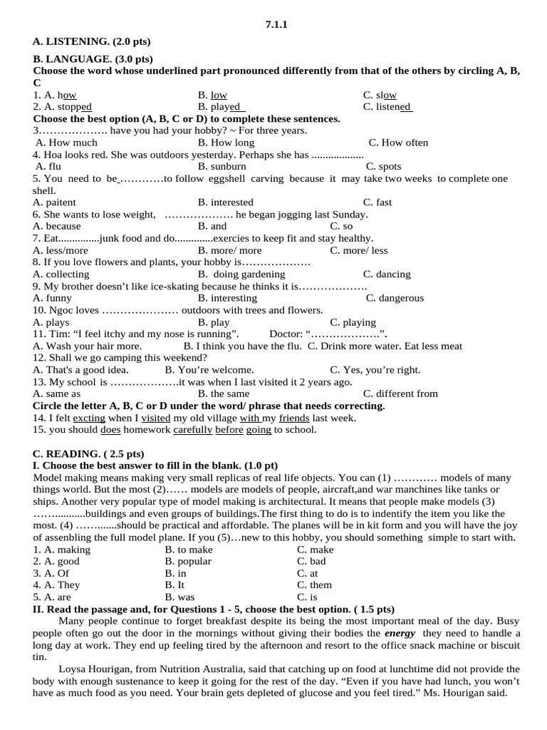 English Language Practice Test | PDF | Foods | Lunch