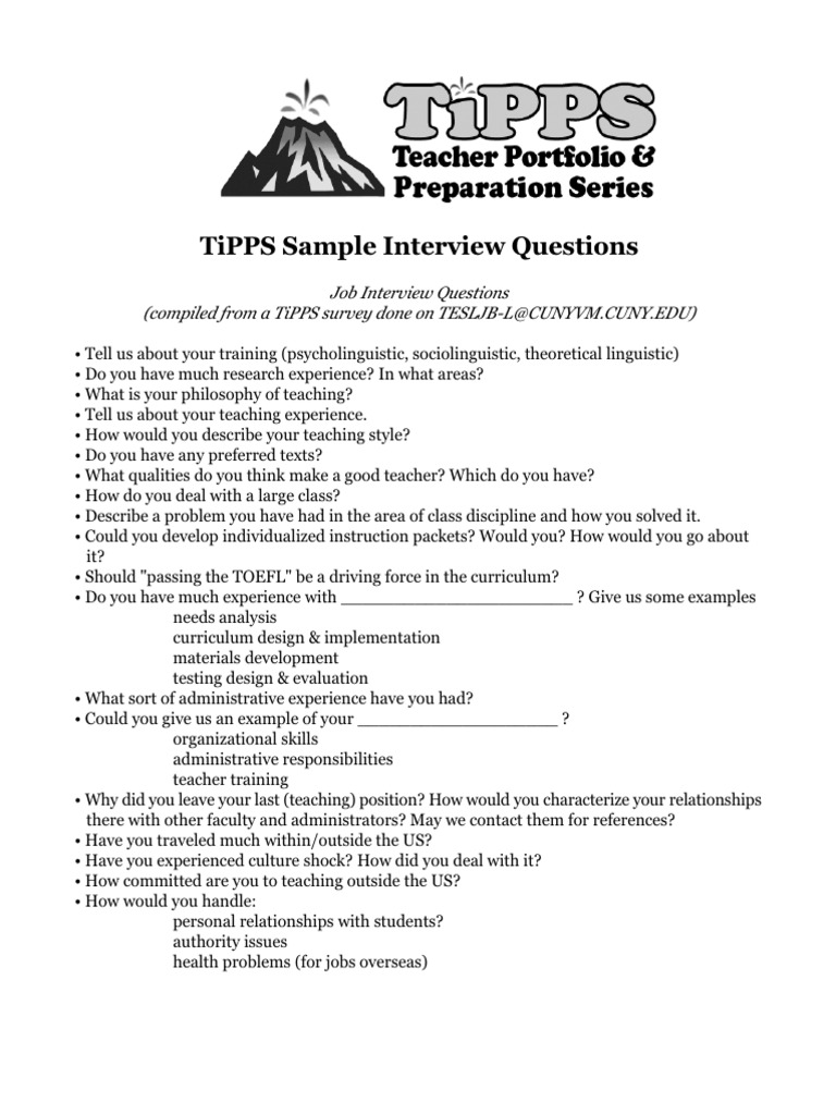 sample of possible interview questions | PDF | English As A Second Or Foreign Language | Teachers