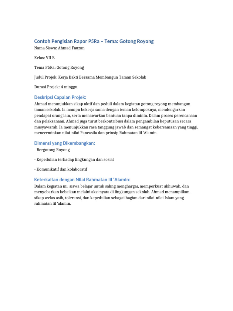 Contoh Rapor P5Ra Gotong Royong | PDF