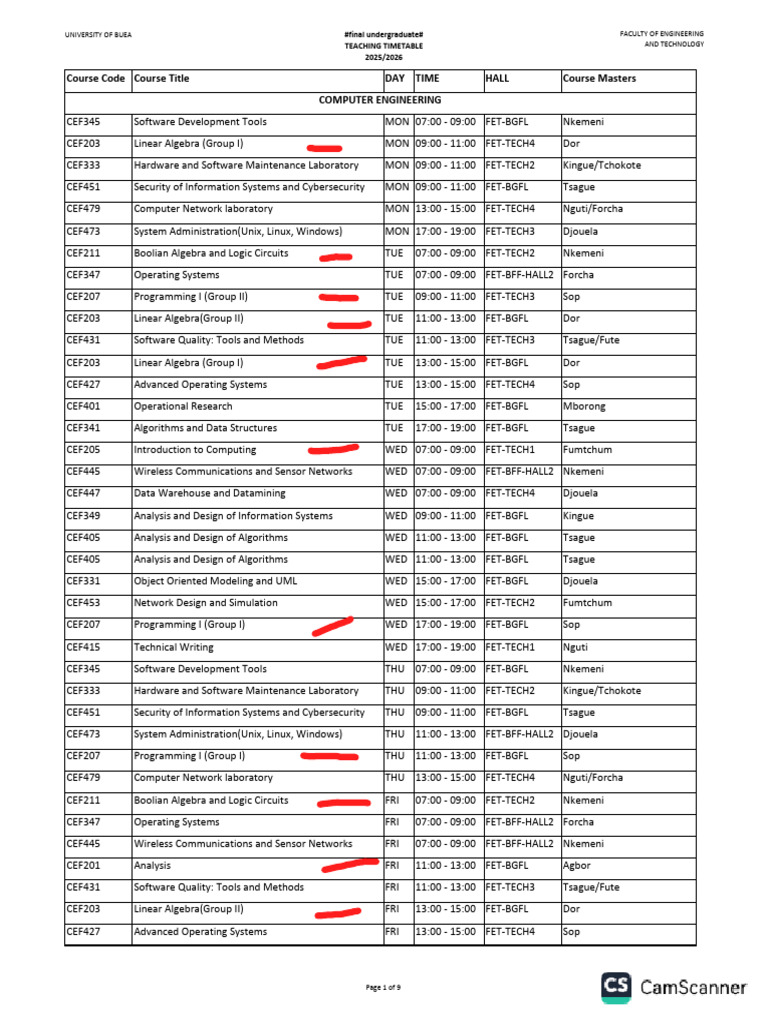 #Final# Fet 1st Semester Timetable by Dept 2025 2026 | PDF | Electrical Engineering | Engineering