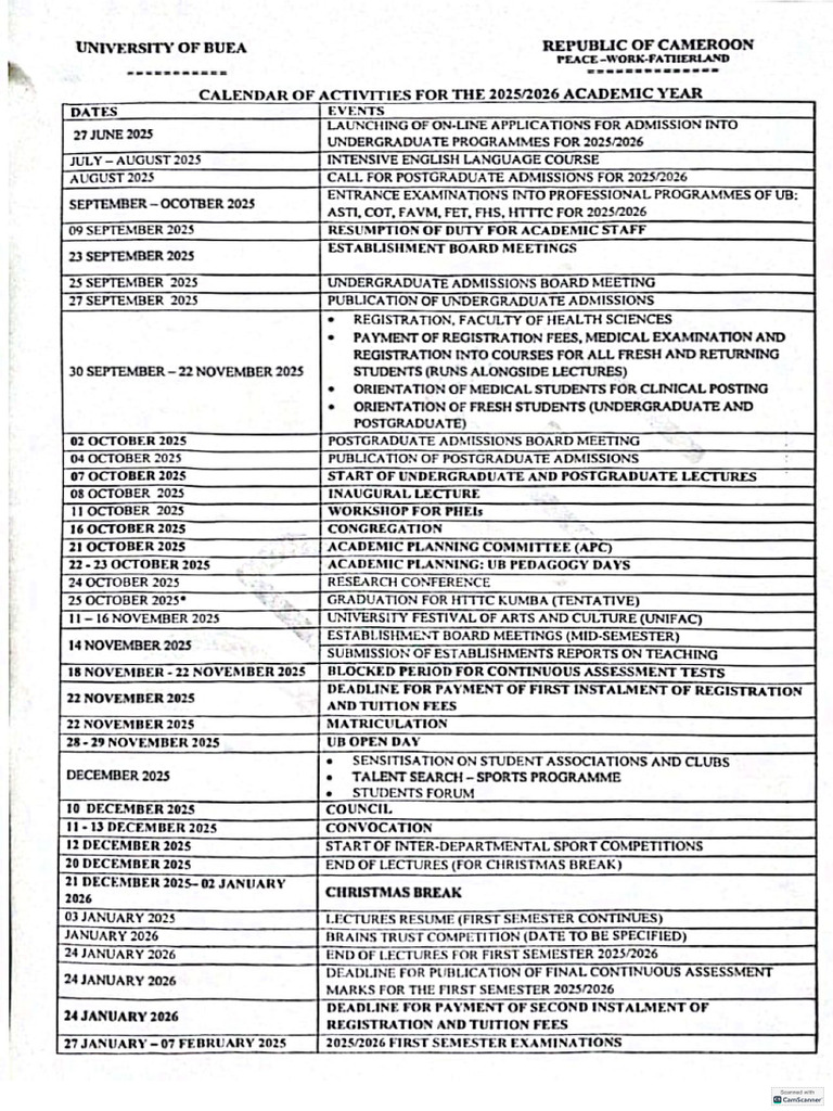 Draft Calendar University of Buea .. | PDF