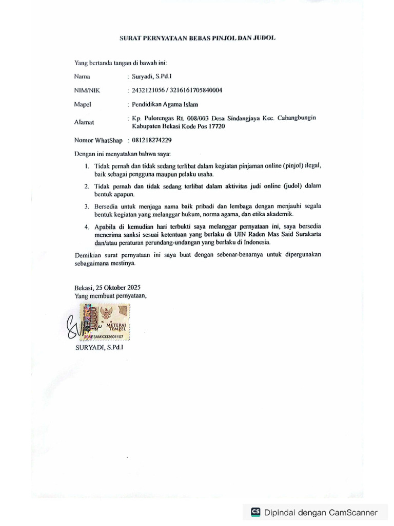 Surat Pernyataan Bebas Pinjol | PDF