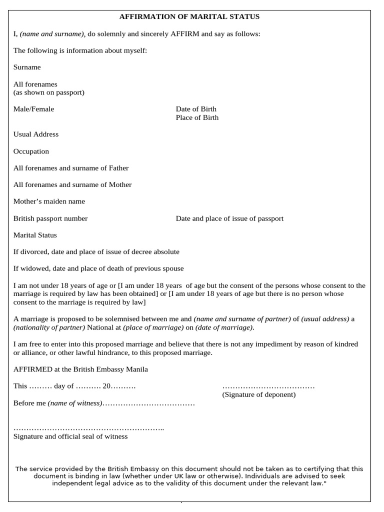 Marital Status Affirmation Form | PDF