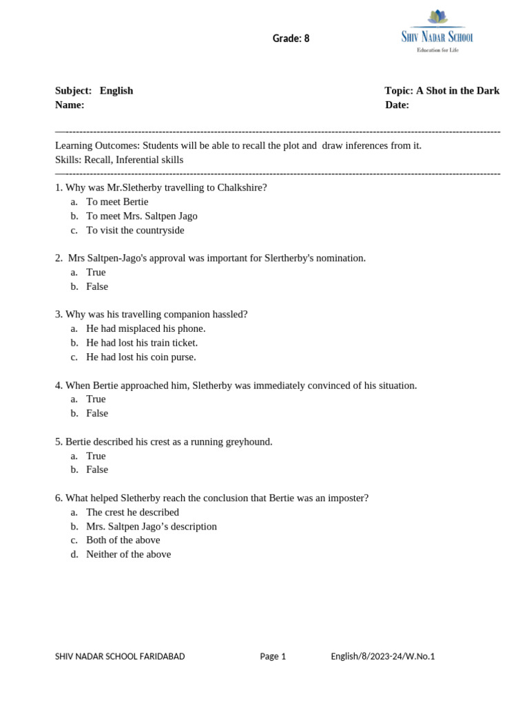 A Shot in The Dark - Comprehension Check | PDF