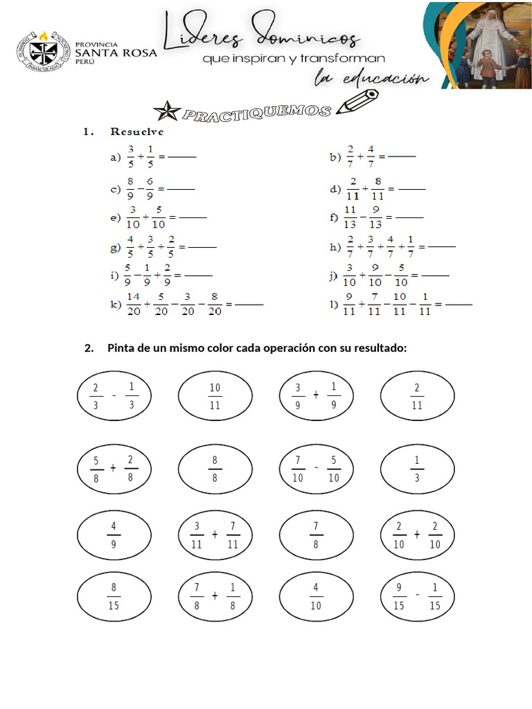 Ficha de Suma y Resta de Fracciones Homogeneas 3ero | PDF