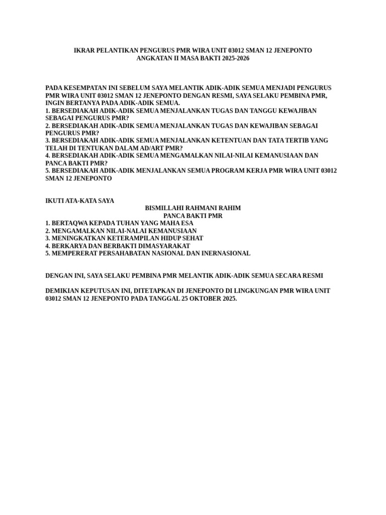Pelantikan Pengurus PMR Wira SMAN 12 | PDF