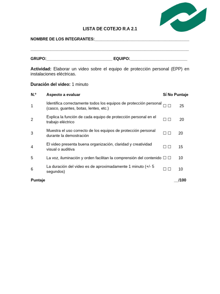 Cotejo para Video de EPP Eléctrico | PDF