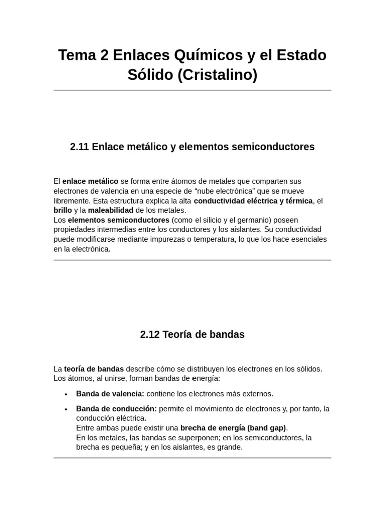 Tema 2 Enlaces Químicos y El Estado Sólido | PDF | Sólido | Semiconductores