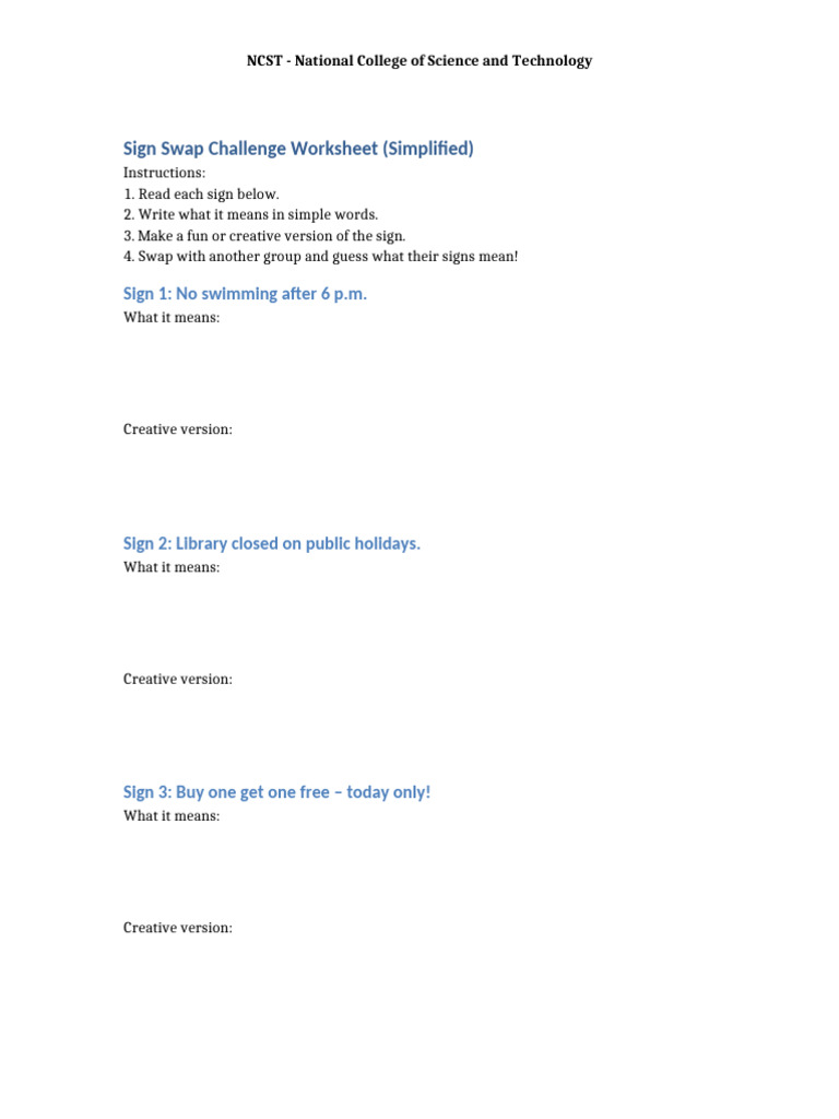 Sign Swap Challenge Worksheet | PDF