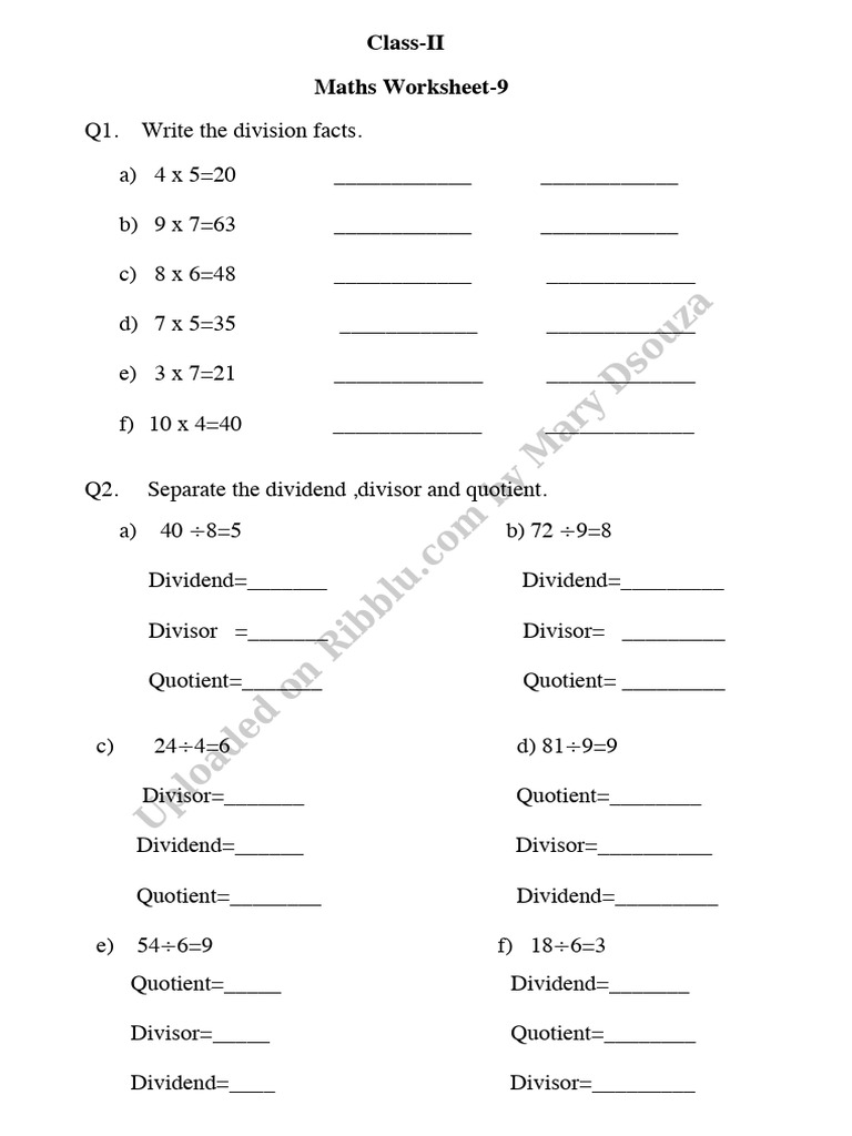 Division Worksheet Class 2 Maths | PDF | Division (Mathematics ...