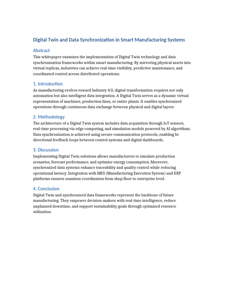 Digital Twin and Data Synchronization in Smart Manufacturing Systems | PDF