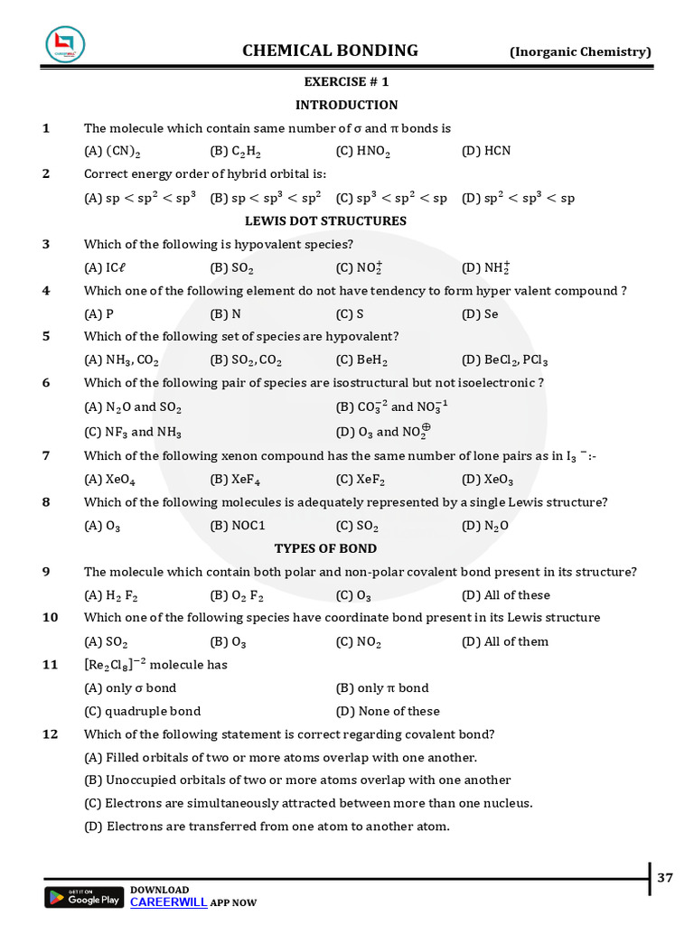 Sheet - 01 - Chemical Bonding - 615618 - Crwill | PDF | Chemical Bond ...