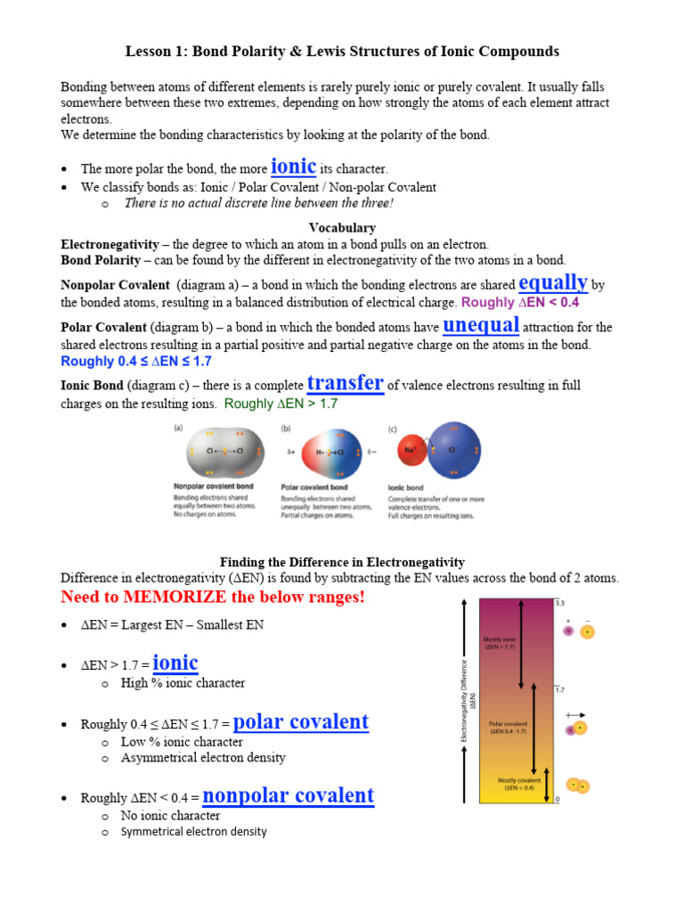 Bonding Notes Lesson 1 | PDF | Chemical Bond | Chemical Polarity