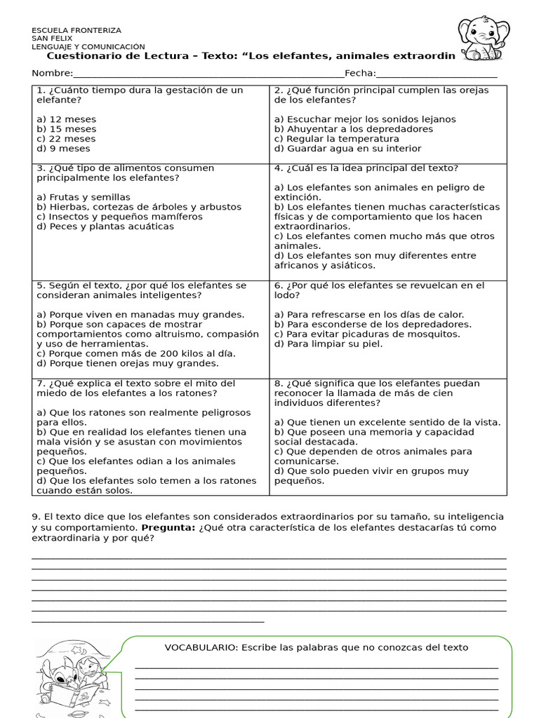 Cuestionario de Lectura - Los Elefantes, Animales Extraordinarios | PDF ...