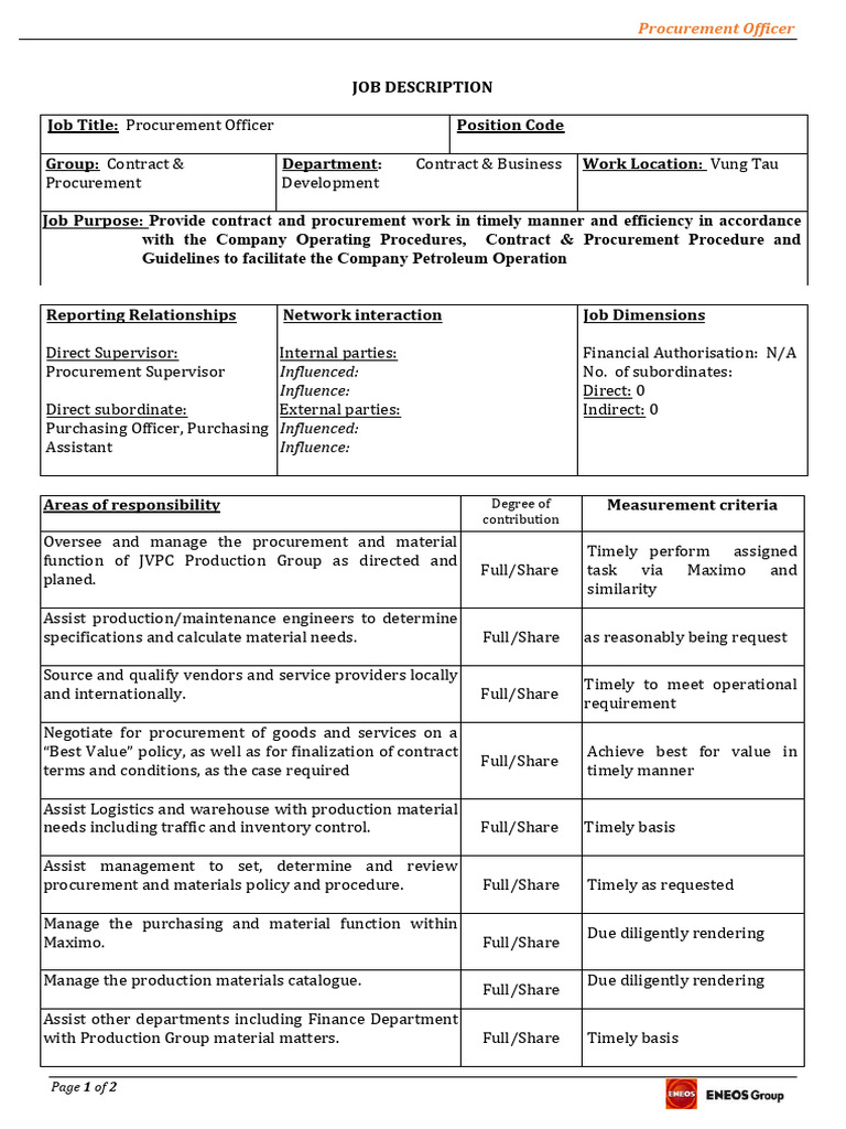 Procurement Officer Job Description | PDF | Procurement | Logistics